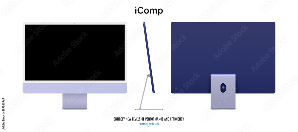 computer monitor purple color with black screen saver front, back and ...