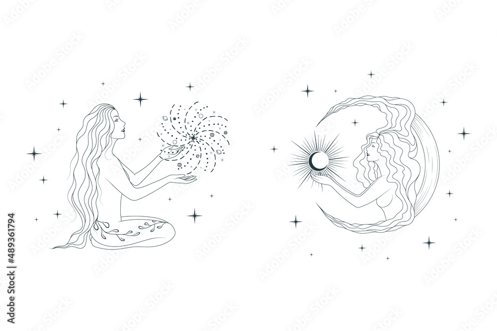 Celestial female boho vector illustrations. A set of goddesses on the ...