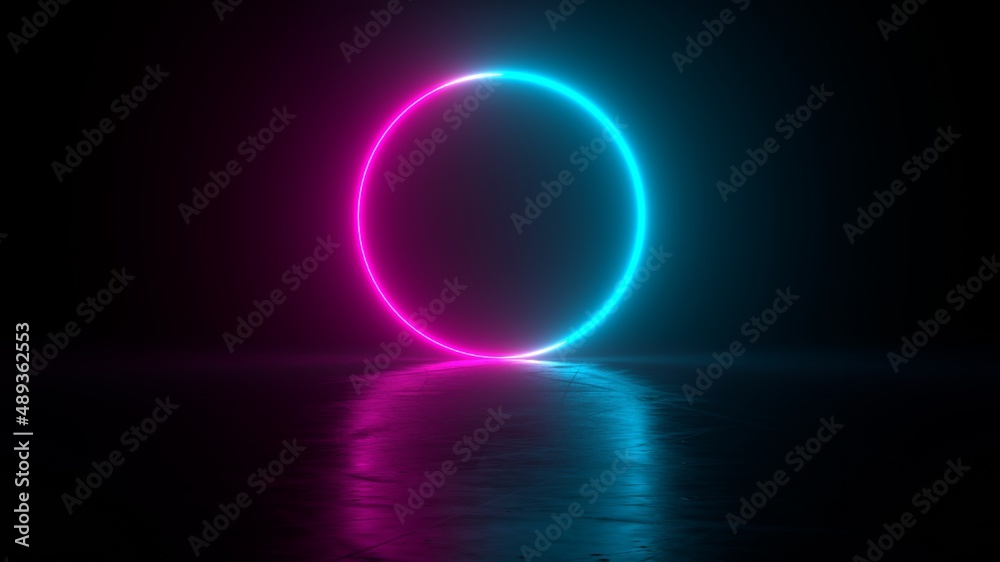 Abstract neon background with pink blue glowing ring on dark background ...