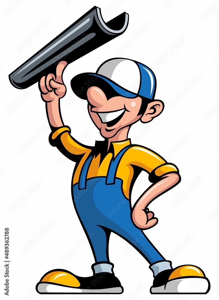 Cartoon style man worker, gutter installer with the gutter piece ...