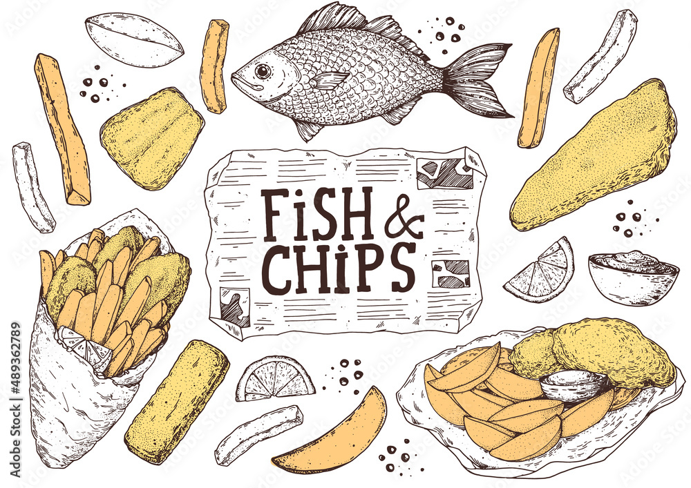 Vetor de Fish and chips sketch vector illustration. British pub food ...