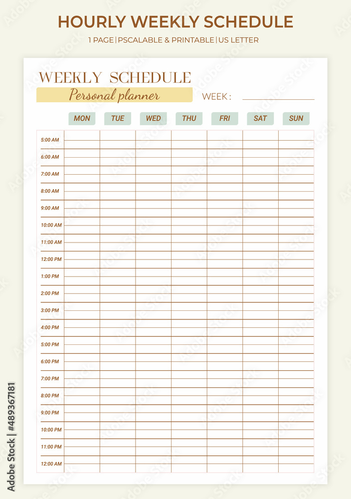 Minimal printable weekly schedule planner page templates. Hourly weekly ...