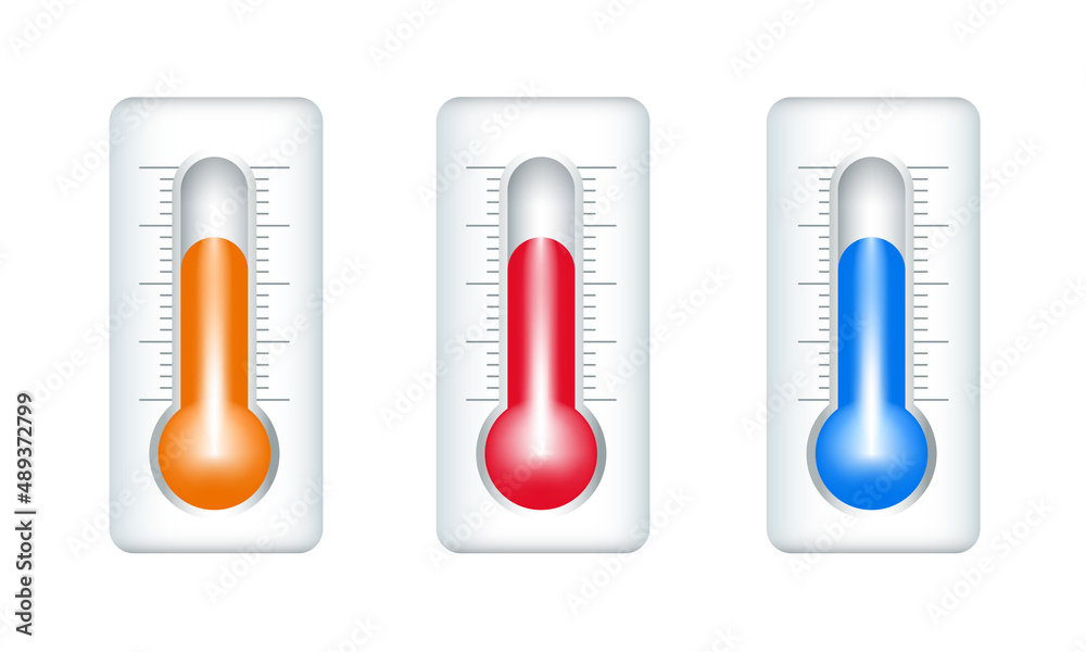 A set of 3D thermometers. Thermometer with red, blue and orange mercury ...