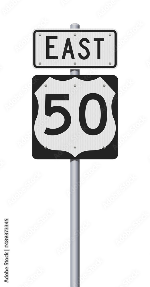 Vector illustration of the U.S Route 50 and East road signs on metallic ...