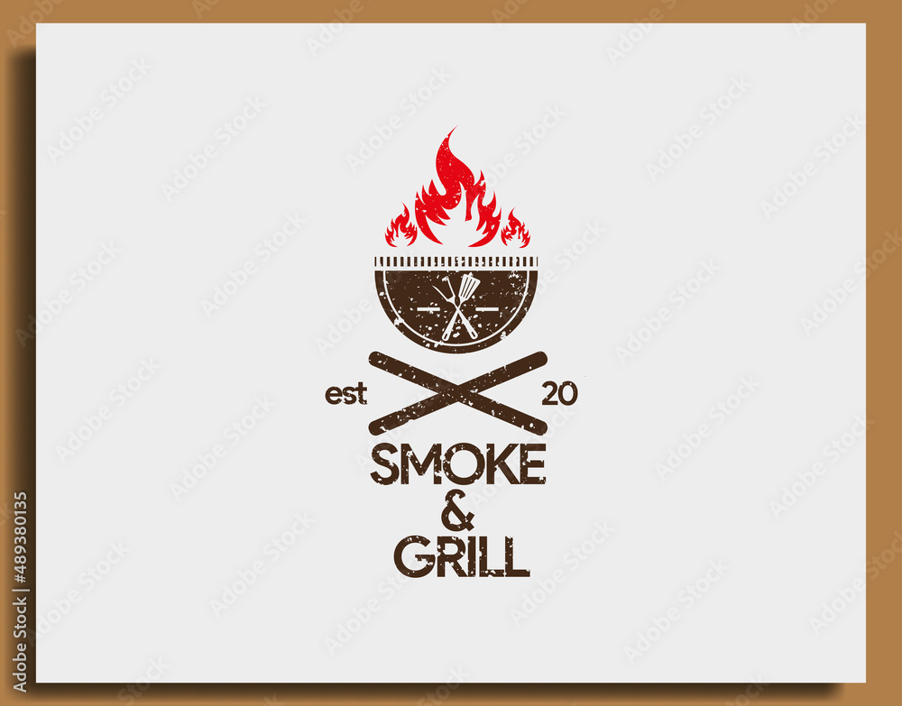 rustic smoke and grill barbeque barbecue logo for restaurant with fire ...
