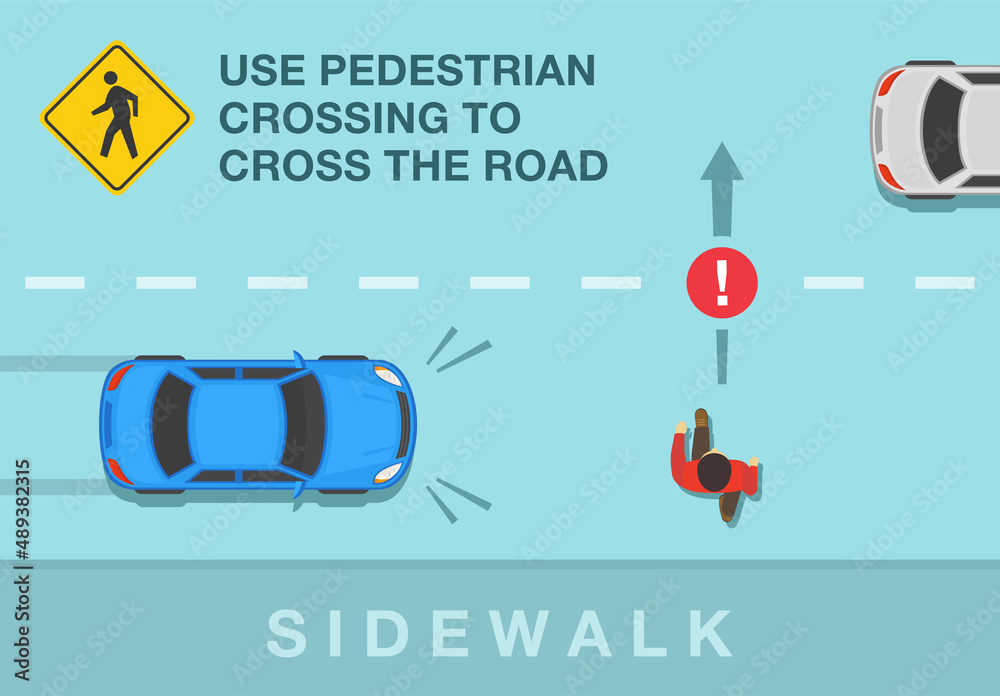 Pedestrian safety and car driving rules. Man crossing the street in ...