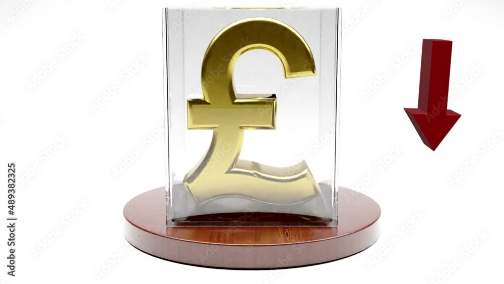 Sterling Pound sign with Golden colour spinning in glass showcase on ...