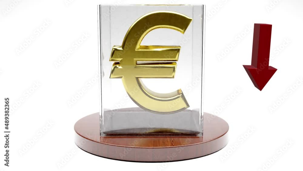 Euro sign with Golden colour spinning in glass showcase on white ...