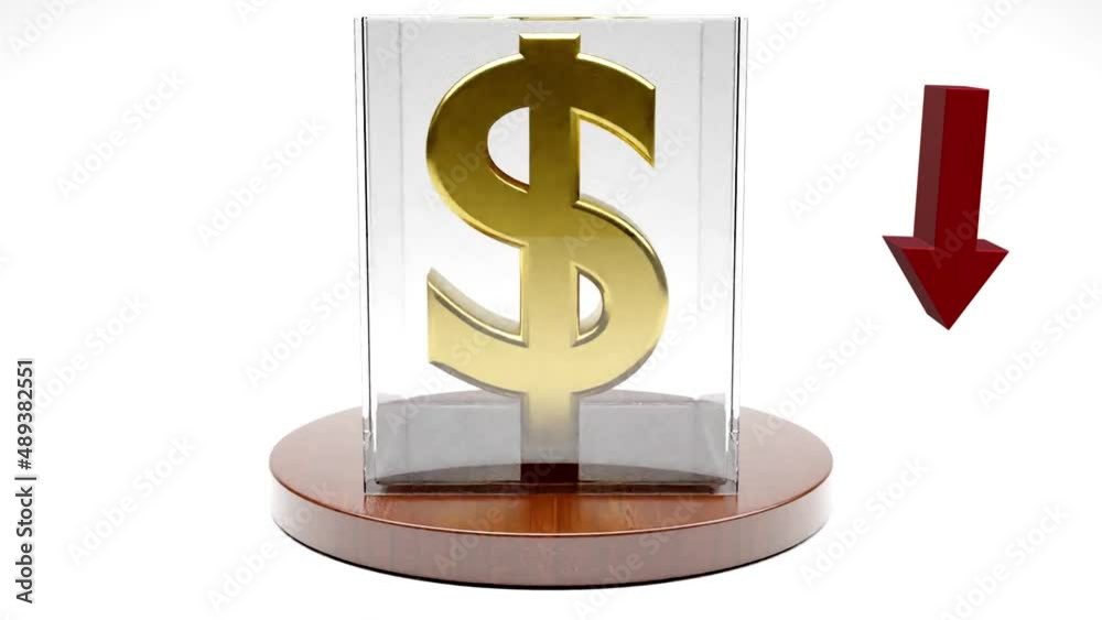 Dollar sign with Golden colour spinning in glass showcase on white ...