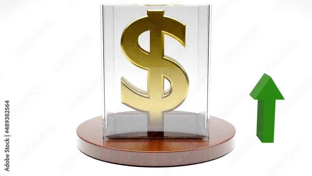 Dollar sign with Golden colour spinning in glass showcase on white ...