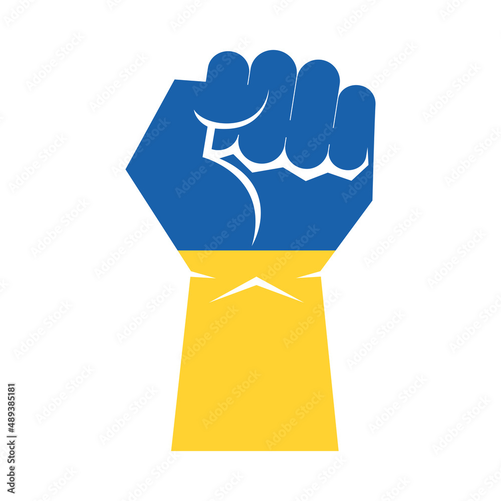 Raised hand with clenched fist in ukraine flag colors vector. Fist ...