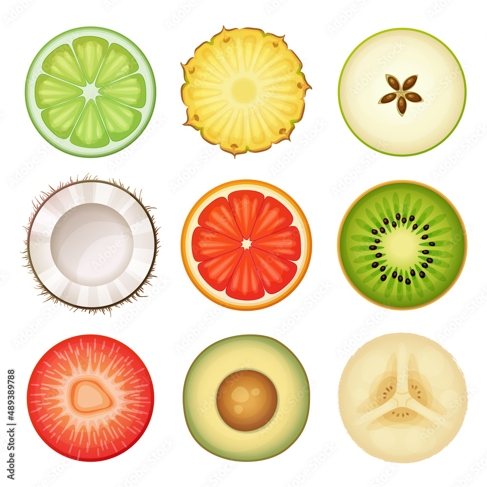 Round fruit halves vector icons isolated on white background. Fresh ...