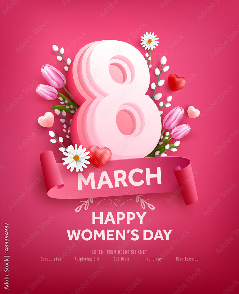 8 march women's day Poster or banner with flower and sweet hearts on ...