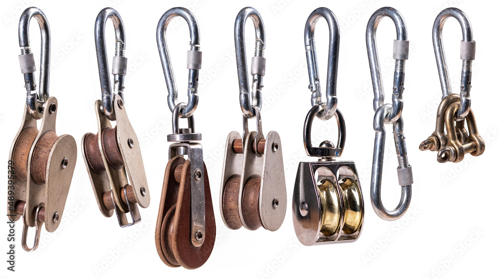 Pulleys and shackles for ropes on a ship and sailing ship. Stock Photo ...