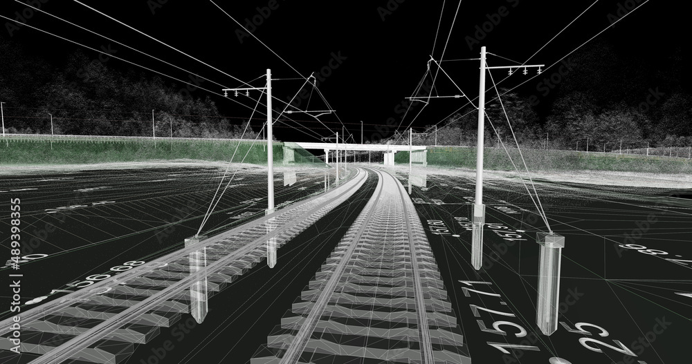 The BIM model of the railway infrastructure area of wireframe view ...