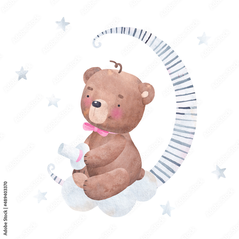 Cute teddy bear sitting on the moon. Watercolor hand drawn illustration ...