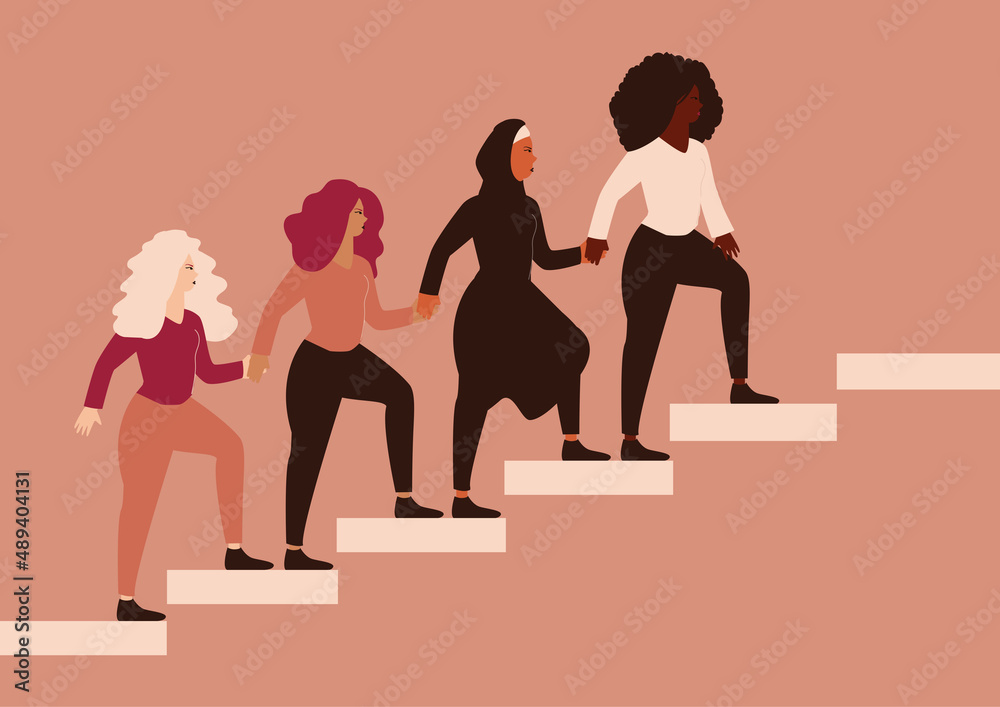 Group of strong women climbing highly on the stairs, hold hands and ...
