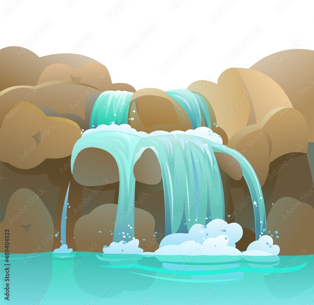 Waterfall among rocks. Cascade shimmers downward. Water flowing. Cool ...