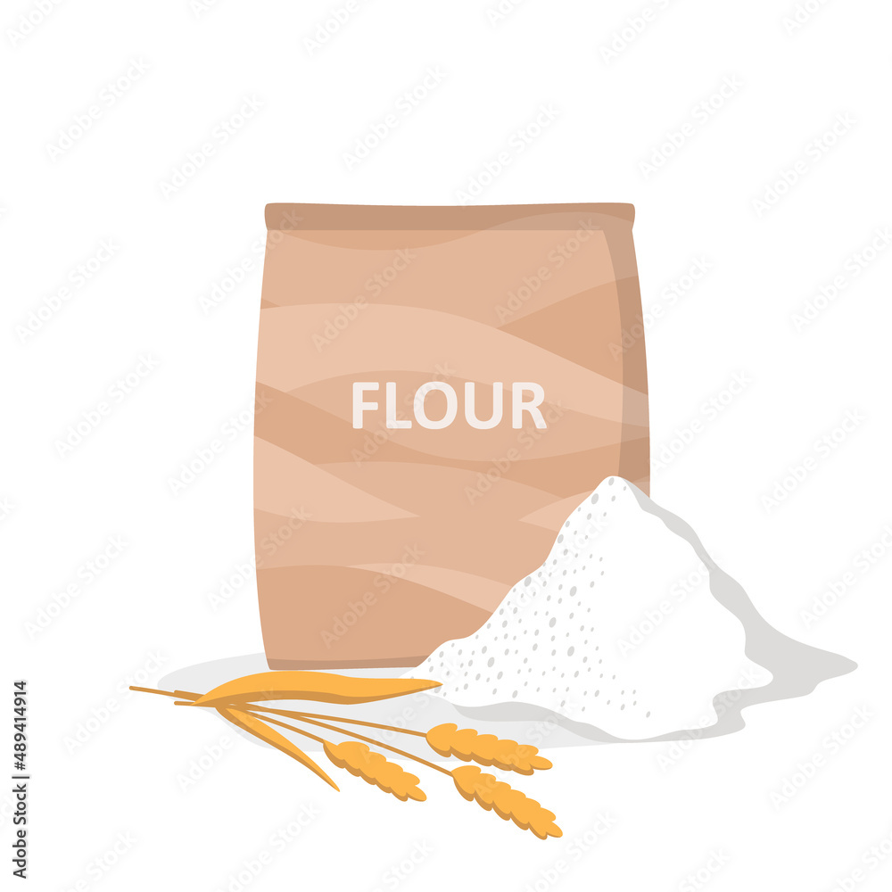 Flat drawing of flour. Composition from a package with flour, a slide ...