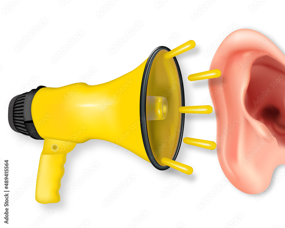 Realistic 3d yellow megaphone, loudspeaker with human ear as ...