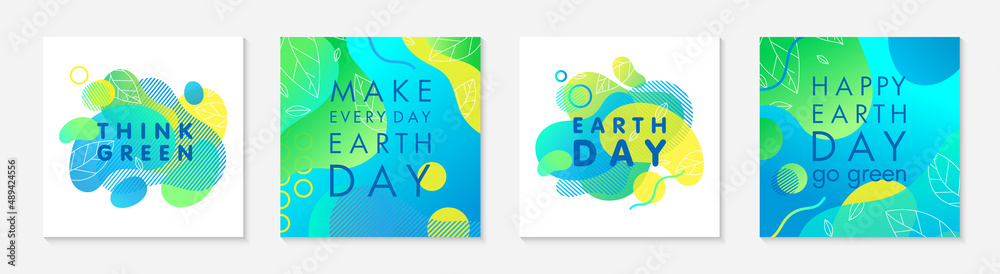 Set of Earth Day posters with green gradient backgrounds,liquid shapes ...