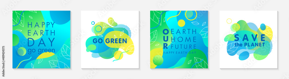 Set of Earth Day posters with green gradient backgrounds,liquid shapes ...