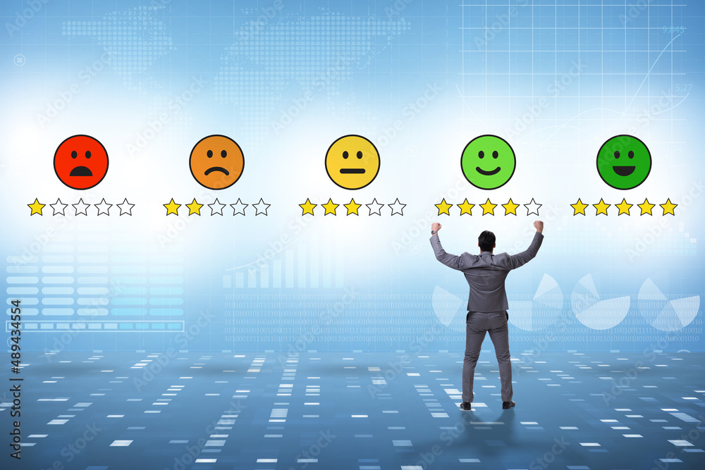 Illustration of customer feedback with faces and businessman Stock ...