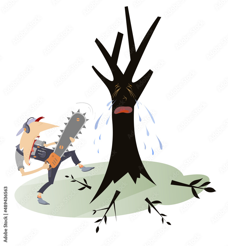 Man with chainsaw and crying tree illustration. Man with chainsaw cuts ...