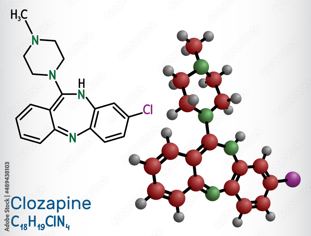 Clozapine molecule. It is dibenzodiazepine, atypical antipsychotic ...