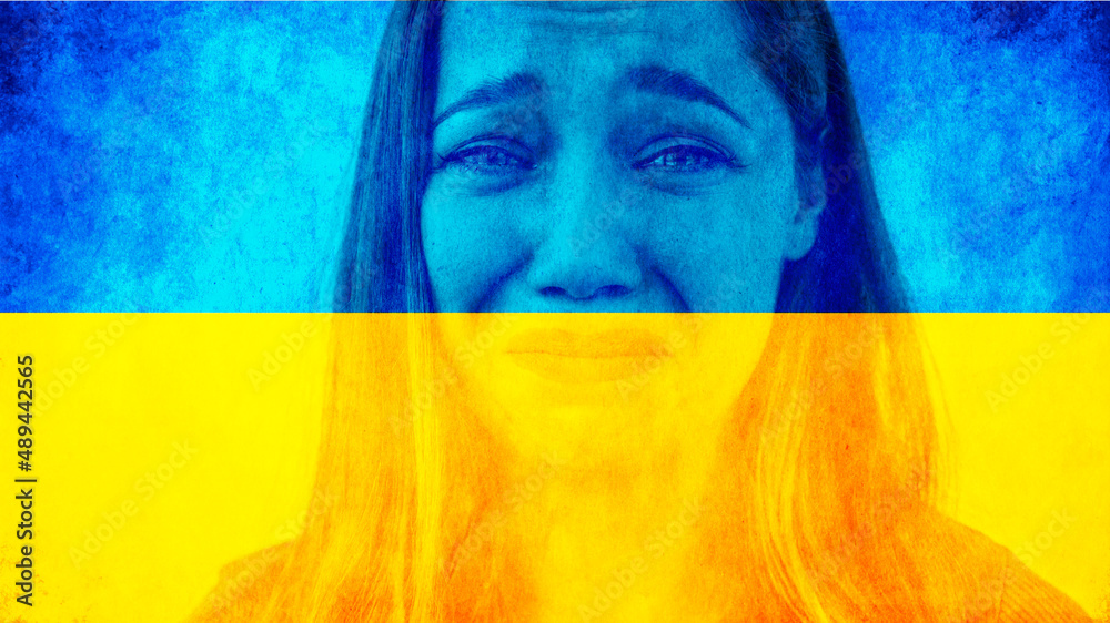 War in Ukraine. Stand with Ukraine. Double exposure portrait of woman ...