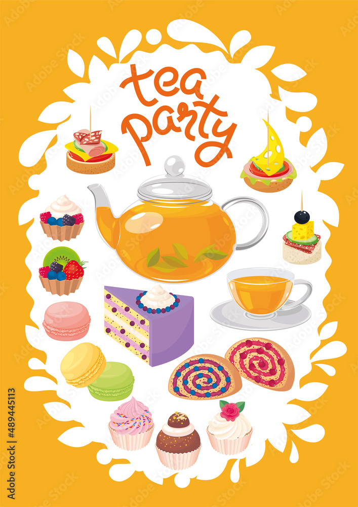 Tea party poster with composition of teapot, teacup, cupcakes, cake ...