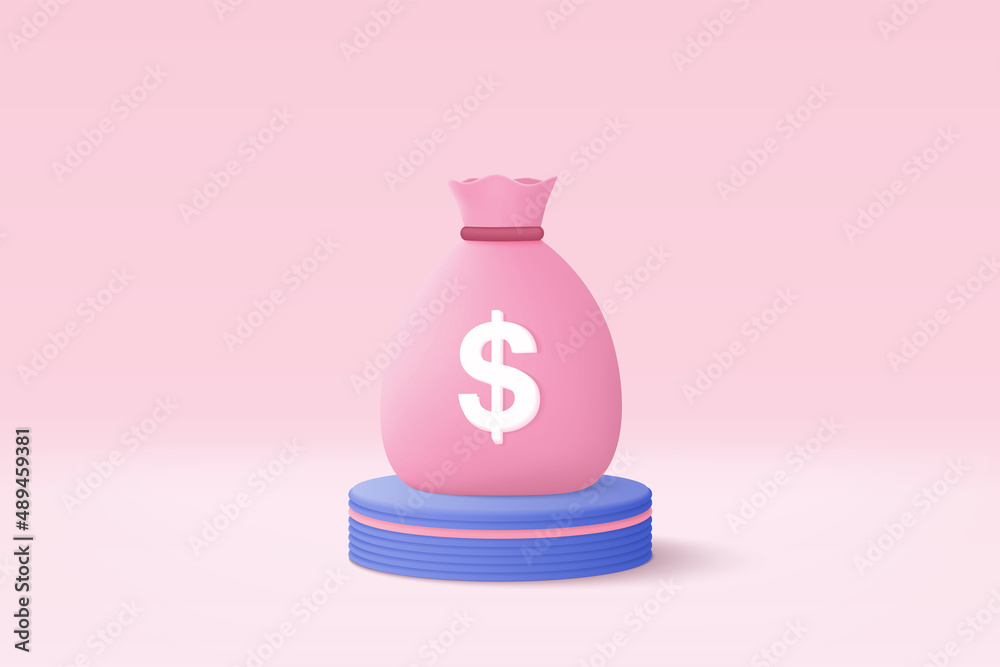 Vecteur Stock 3D money bags saving on podium background. Money bags ...