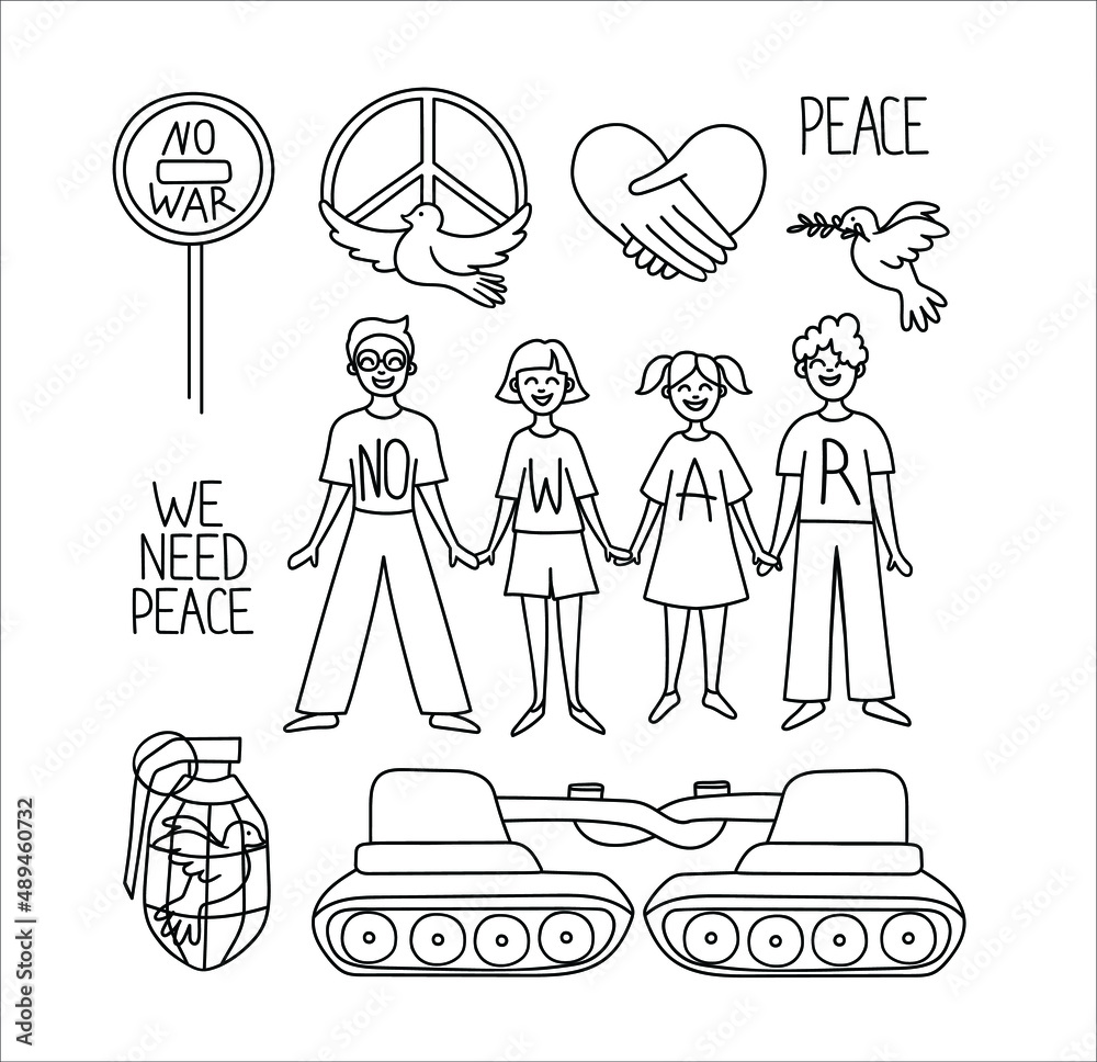 There is no war. A set of drawings in doodle style. Contour anti-war ...
