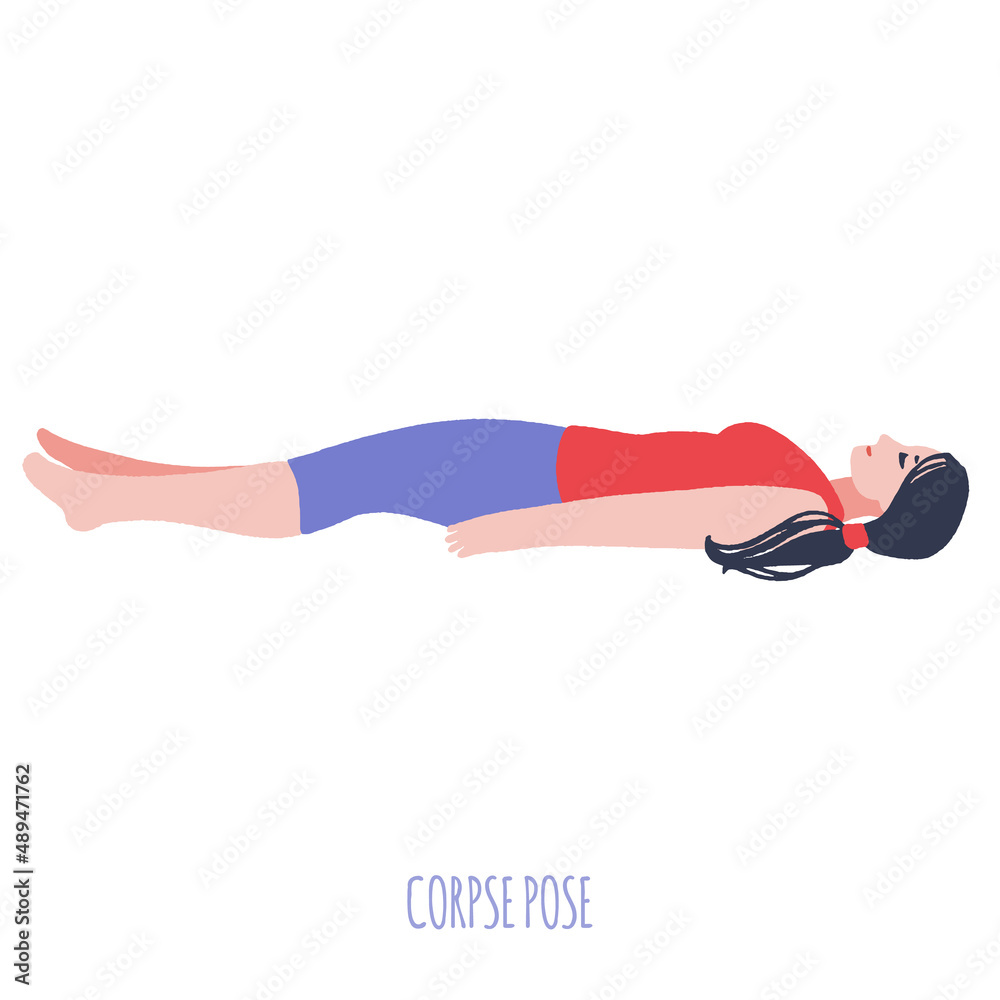 Young girl practices yoga in the corpse pose. Stock Vector | Adobe Stock