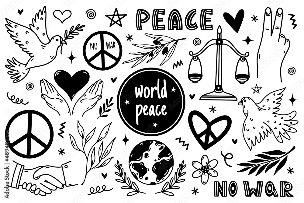 Peace symbol icon set. Hand drawn illustration isolated on white ...