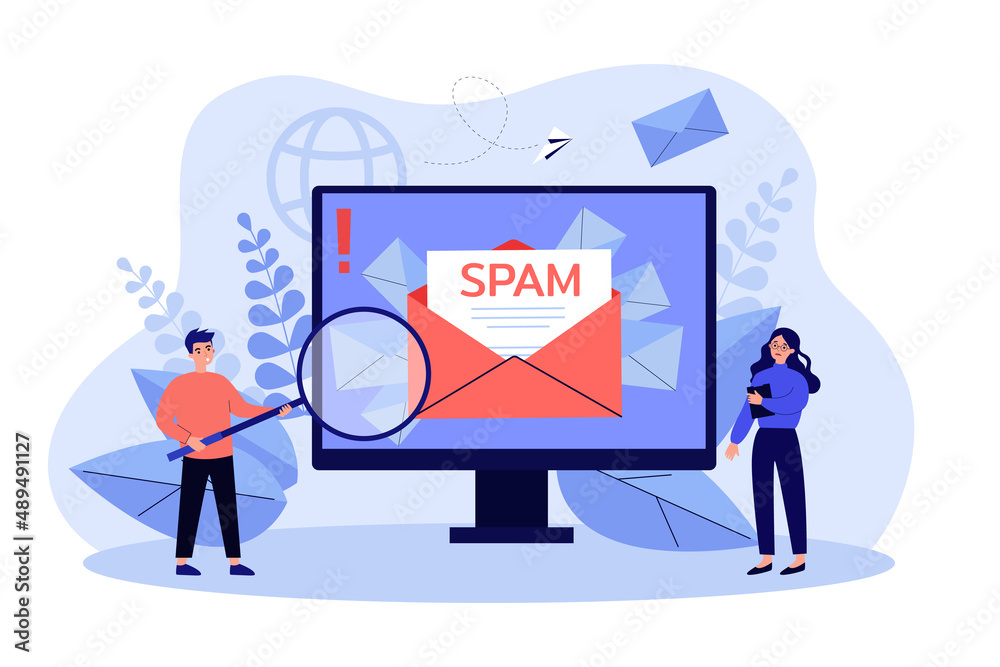 Tiny office workers and envelope with spam on computer screen. Letter ...