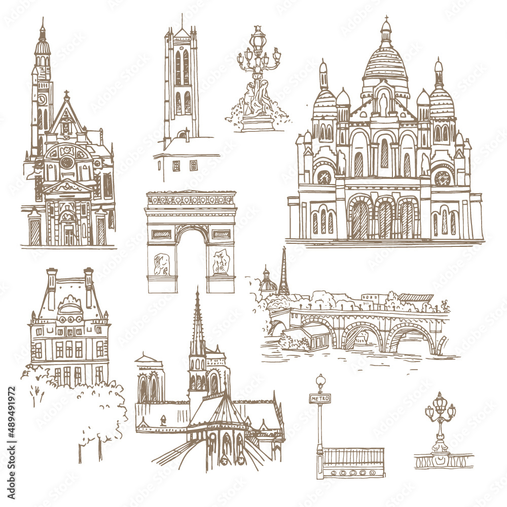 Paris, France. Vector sketch old town. Hand drawn public and religious ...