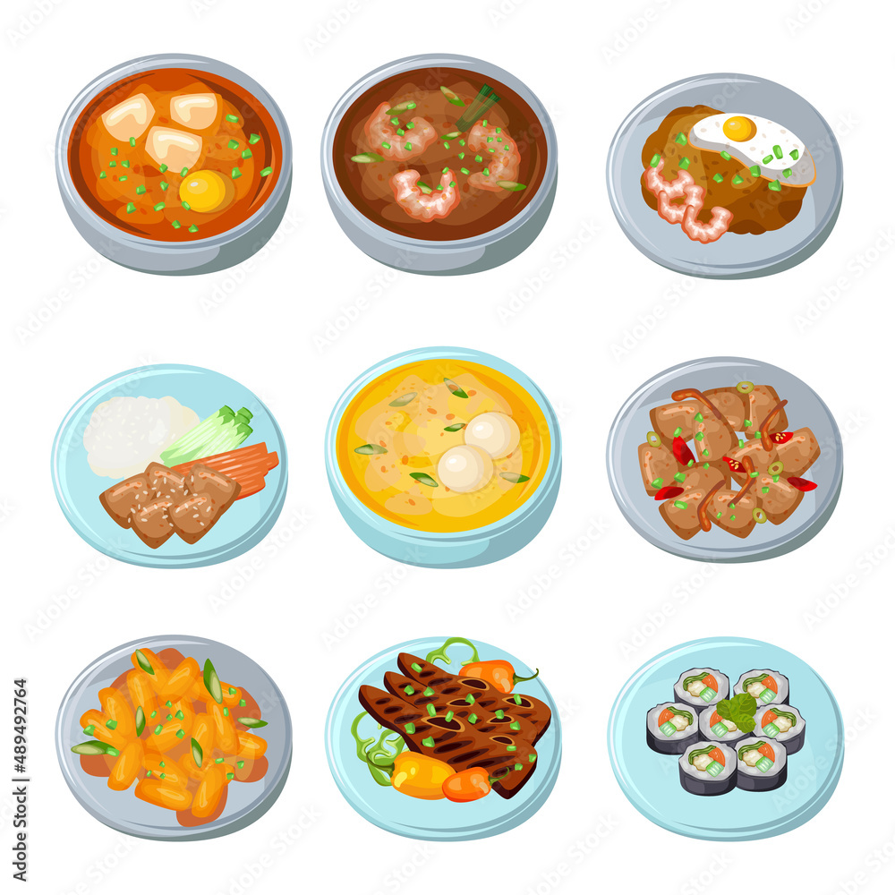 Fototapeta mapa świata dla dzieci Asian street food on plates set ...