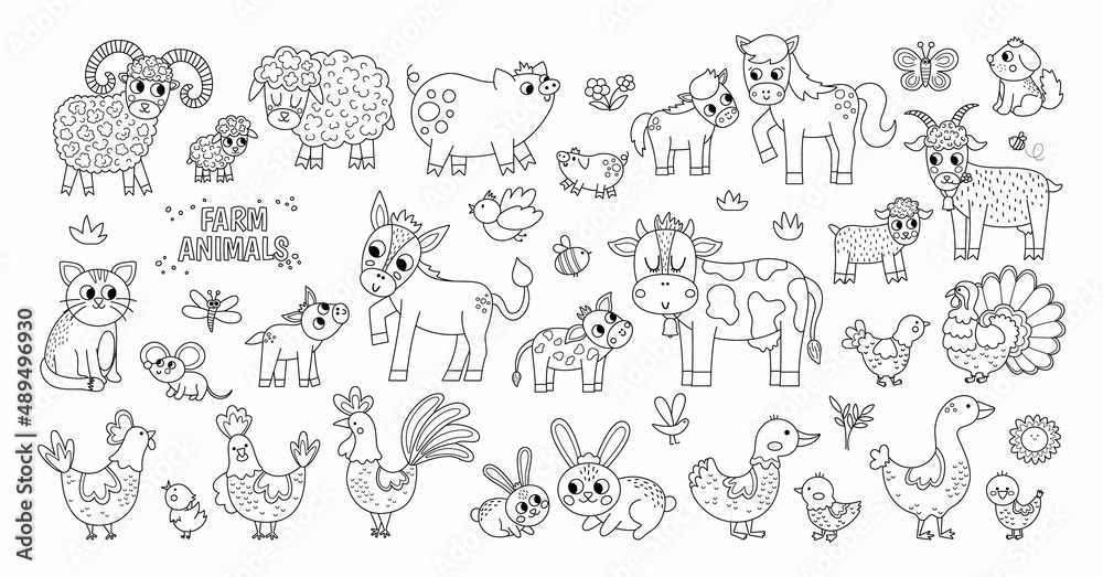 Big black and white vector farm animals set. Big collection with cow ...