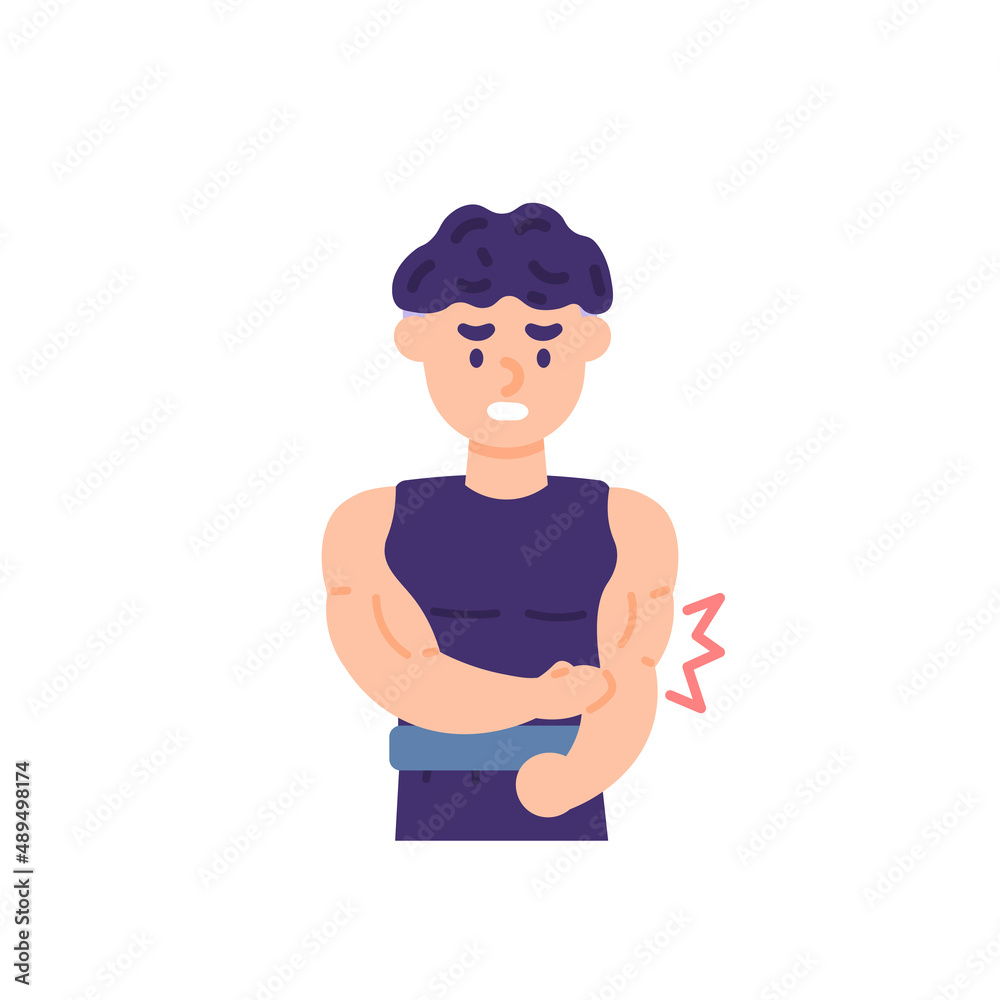 illustration of a man who has cramps in his biceps or arm muscles ...