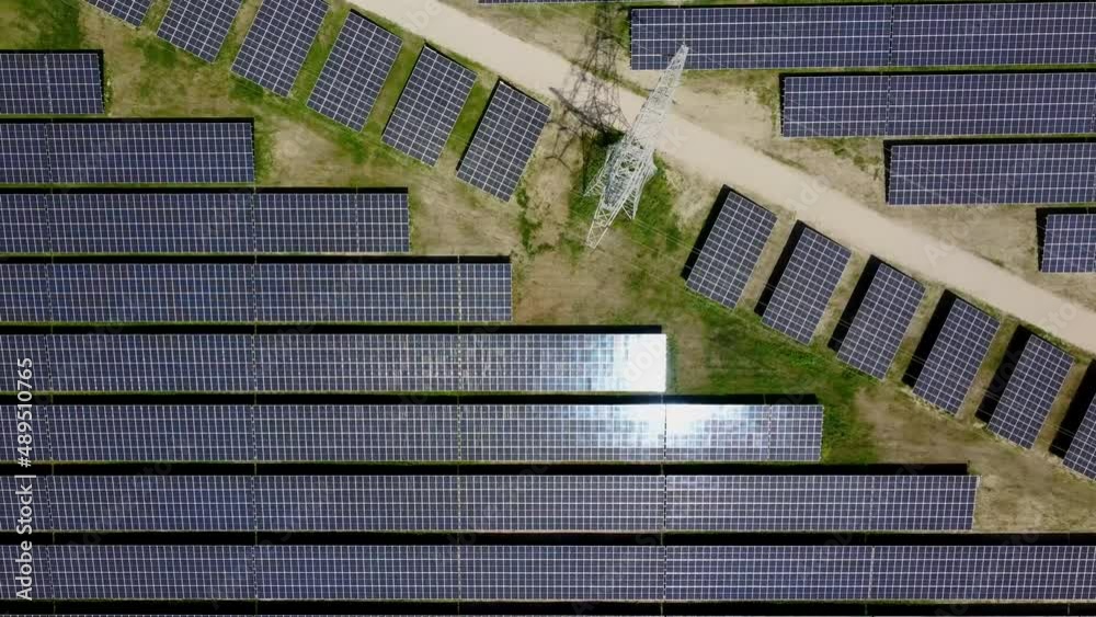Aerial top down view of a photovoltaic station also known as a solar ...