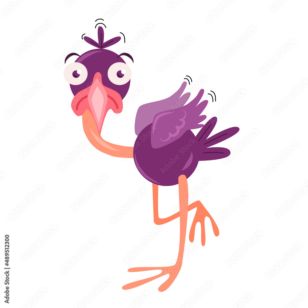 Upset, shocked bird. Character design. Violet ostrich. Isolated vector ...