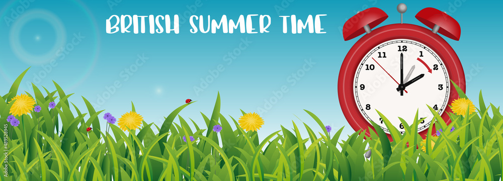 British Summer Time Announcement banner with spring meadow and vintage ...