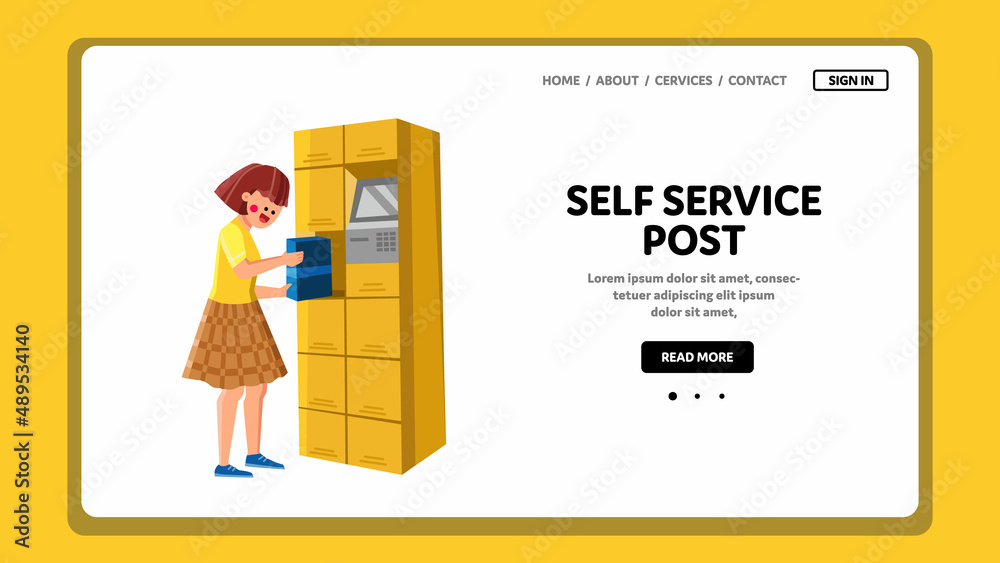 Self Service Post Equipment Use Girl Client Vector. Young Woman Using ...