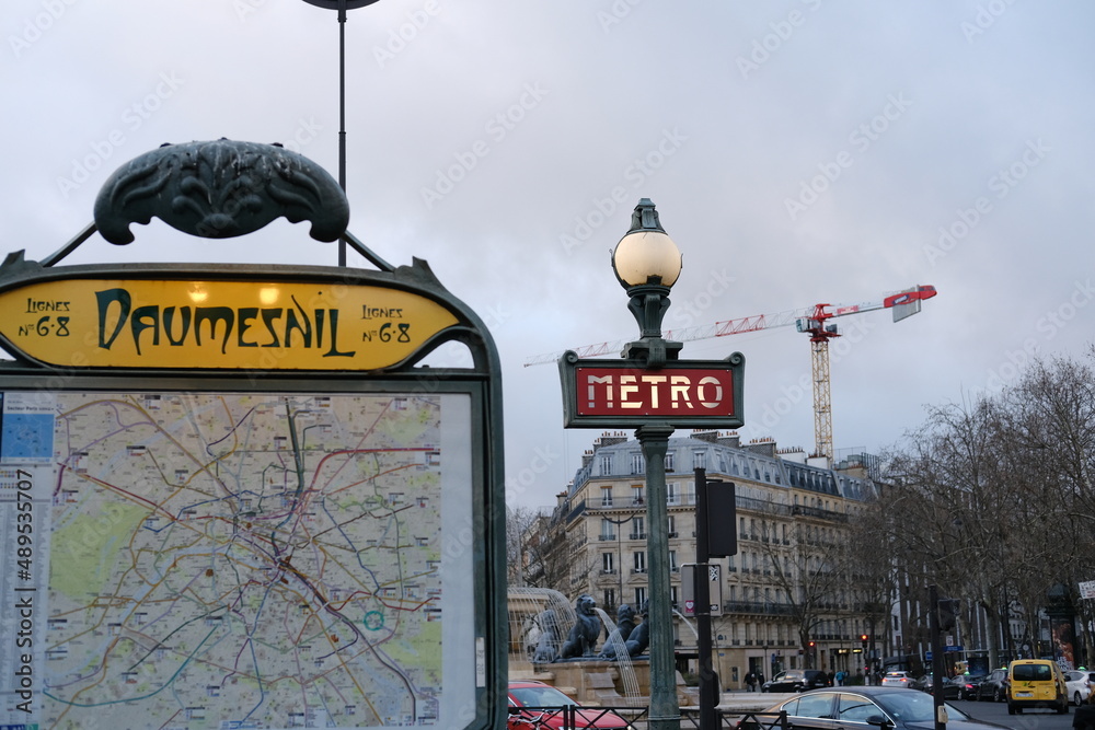 The metro sign at Daumesnil station. A metro station located at Félix ...
