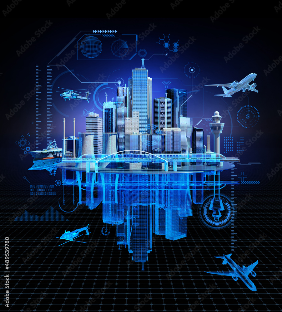 3D skyscraper building, smart city simulation HUD digital Screen ...