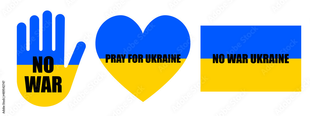 Ukraine without war. Pray for Ukraine. Set of yellow-blue symbols, hand ...
