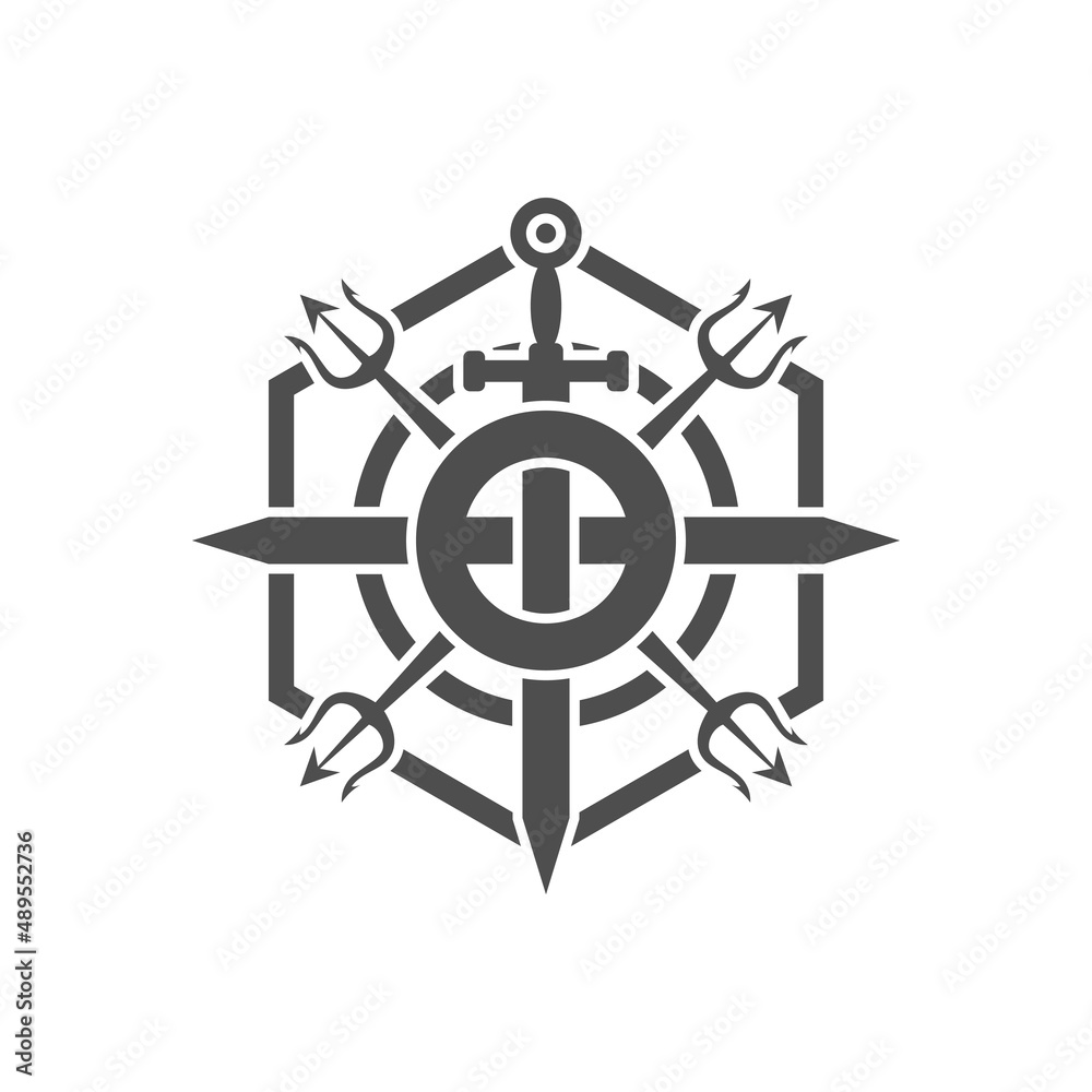 Vector graphics of trident and sword hexagon emblem logo in vintage ...