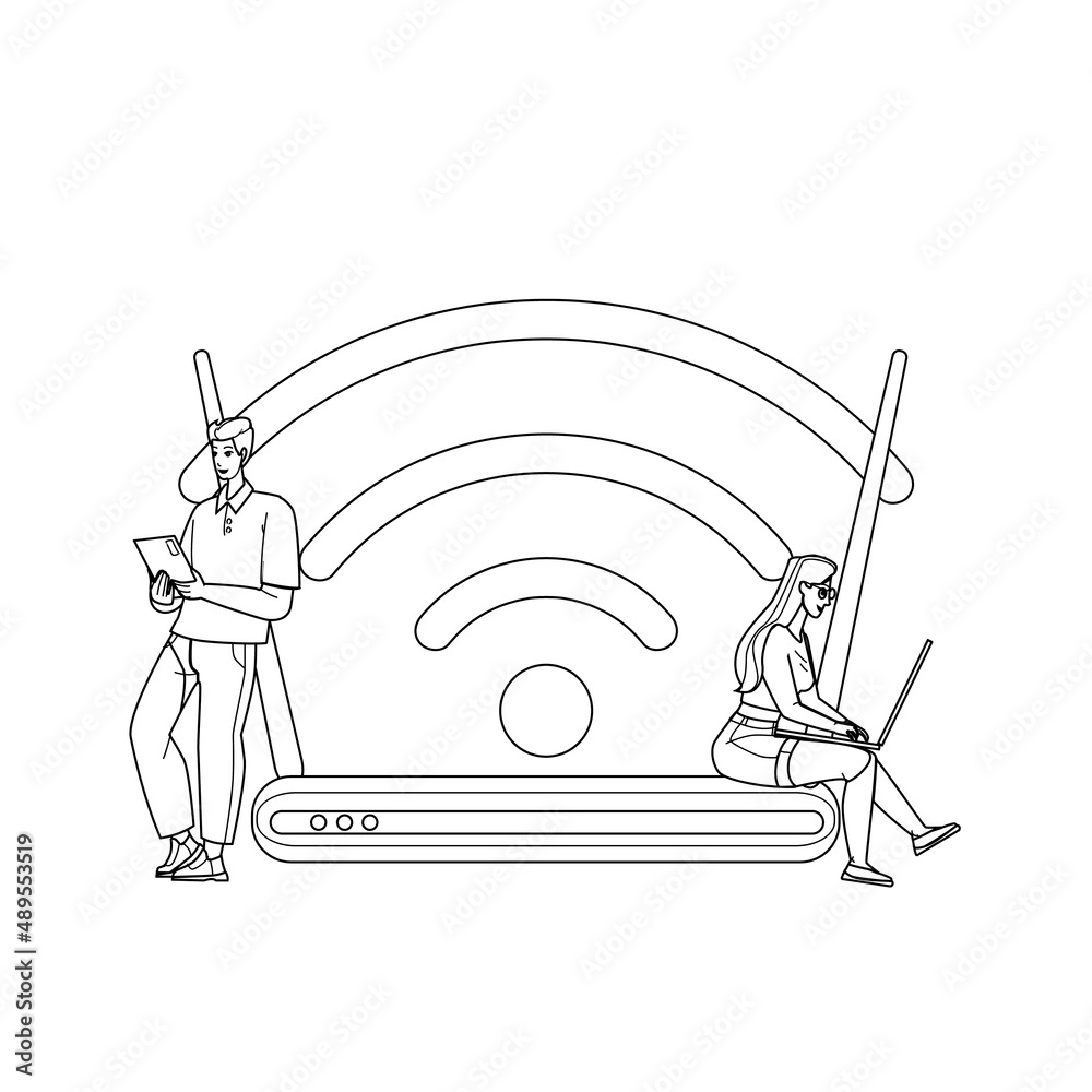 Man And Woman Wireless Connection To Wi-fi Black Line Pencil Drawing ...