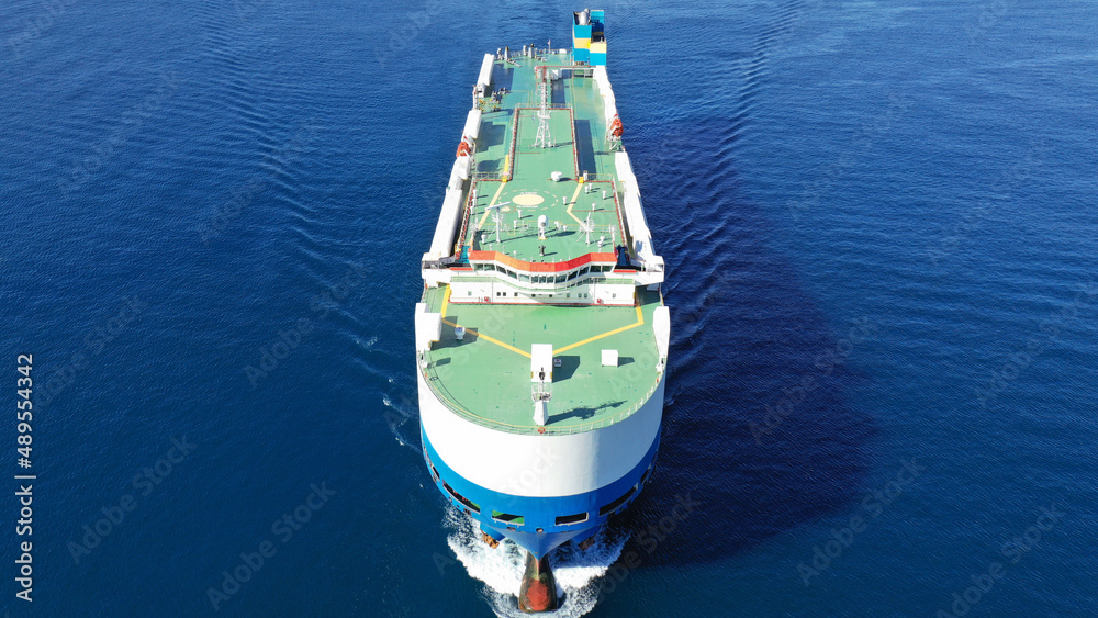 Aerial drone photo of huge car carrier ship RO-RO (Roll on Roll off ...